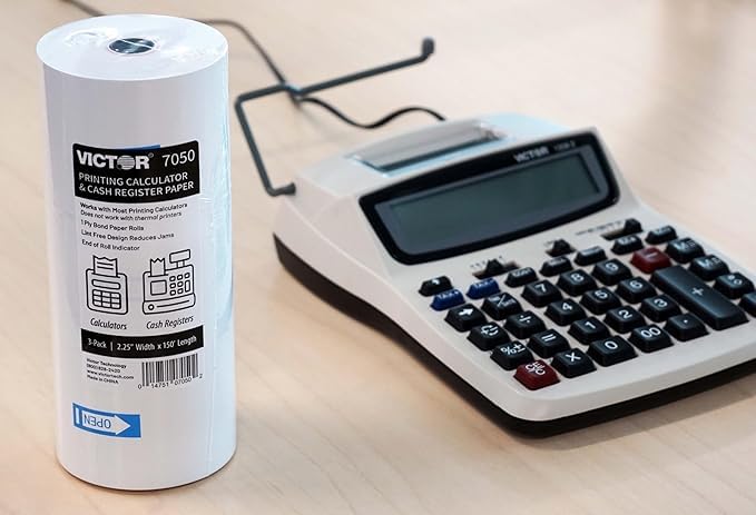 Victor 7050 Compact White Paper Rolls for Handheld and Portable Printing Calculators/Adding Machines/Ink Print Cash Registers 2.25β W x 150' FT (3-Pack)