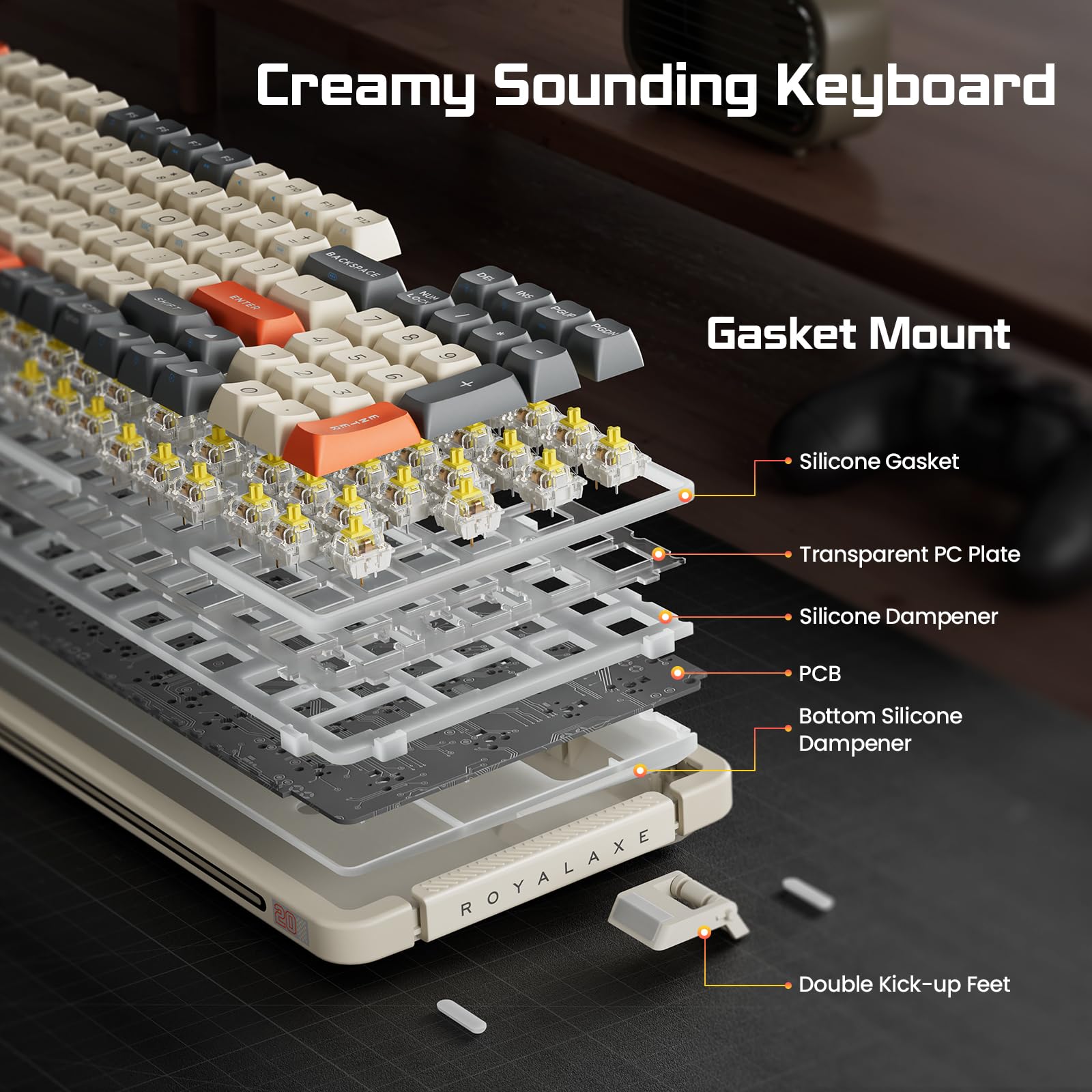 ROYALAXE L98 Wireless Mechanical Keyboard with 1.14” TFT LCD, Hot-swappable RGB Keyboard w/Gateron G Yellow Pro Switches, Bluetooth/2.4G/Wired, Gasket Mount, PBT Keycaps, Pebble White