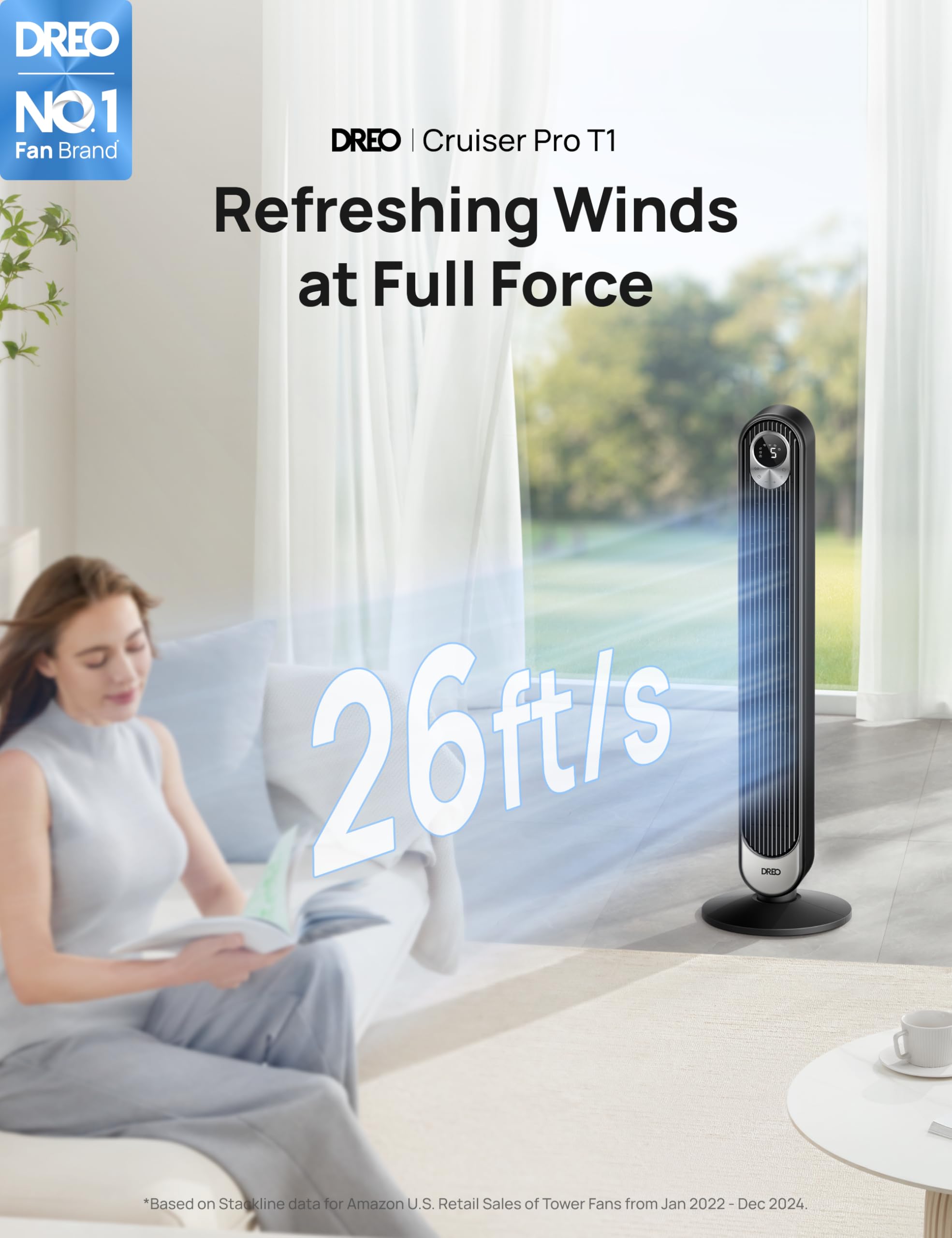 Dreo Tower Fan 42 Inch, Cruiser Pro T1 Quiet Oscillating Bladeless Fan with Remote, 6 Speeds, 4 Modes, LED Display, 12H Timer, Black Floor Standing Fan Powerful for Indoor Home Bedroom Office Room