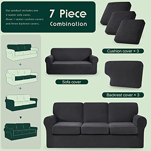 CHUN YI 7 Piece Stretch Sofa Cover, 3 Seater Couch Slipcover with Three Separate Backrests and Cushions with Elastic Band, Checks Spandex Jacquard Fabric(Large,Gray)