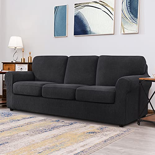CHUN YI 7 Piece Stretch Sofa Cover, 3 Seater Couch Slipcover with Three Separate Backrests and Cushions with Elastic Band, Checks Spandex Jacquard Fabric(Large,Gray)