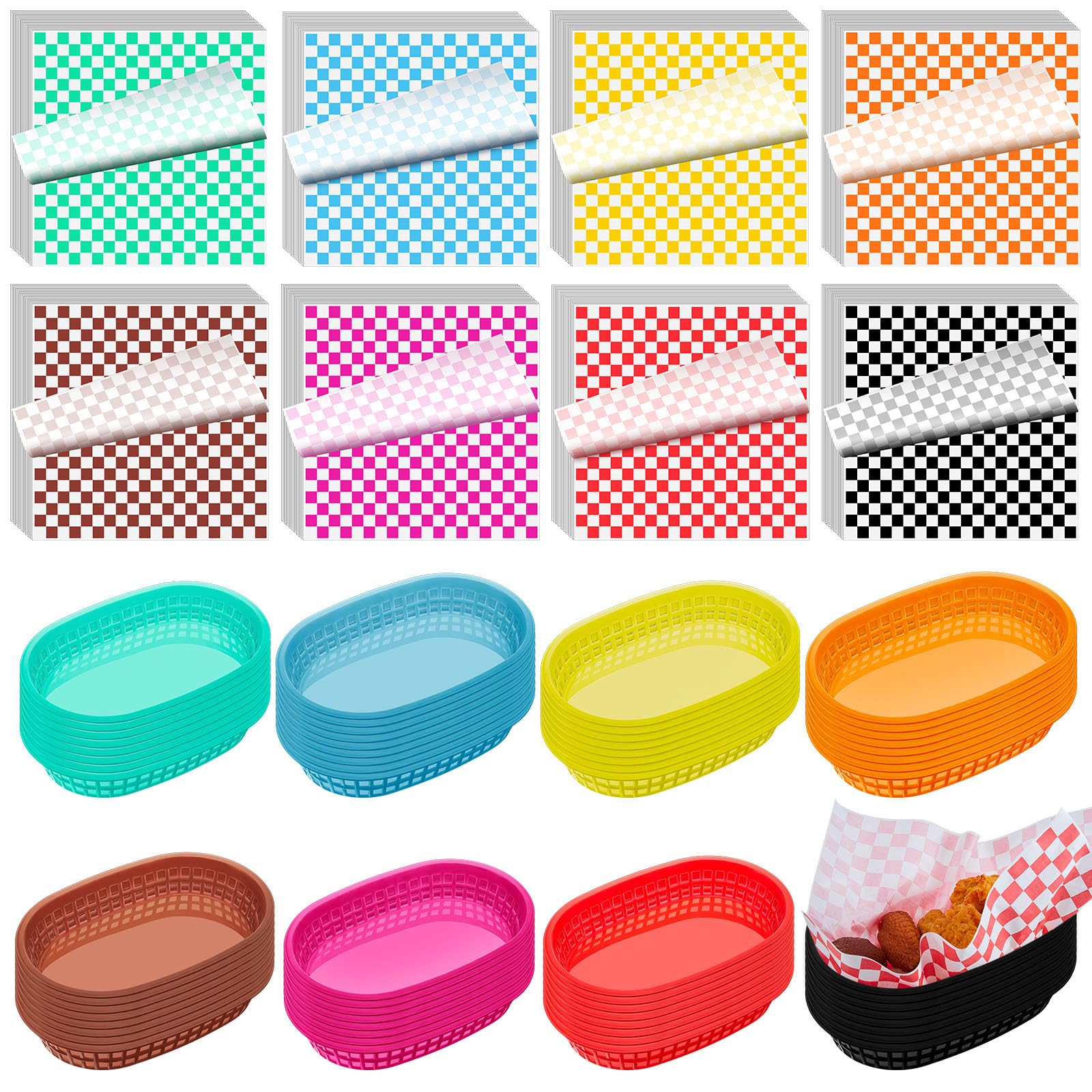 Tenceur 64 Pcs Fast Food Basket 400 Sheets Checkered Deli Liner Plastic Baskets for Food Basket Liners Plastic Food Trays with Parchment Paper for Restaurant Party Hot Dog Bread Burger, 8 Colors