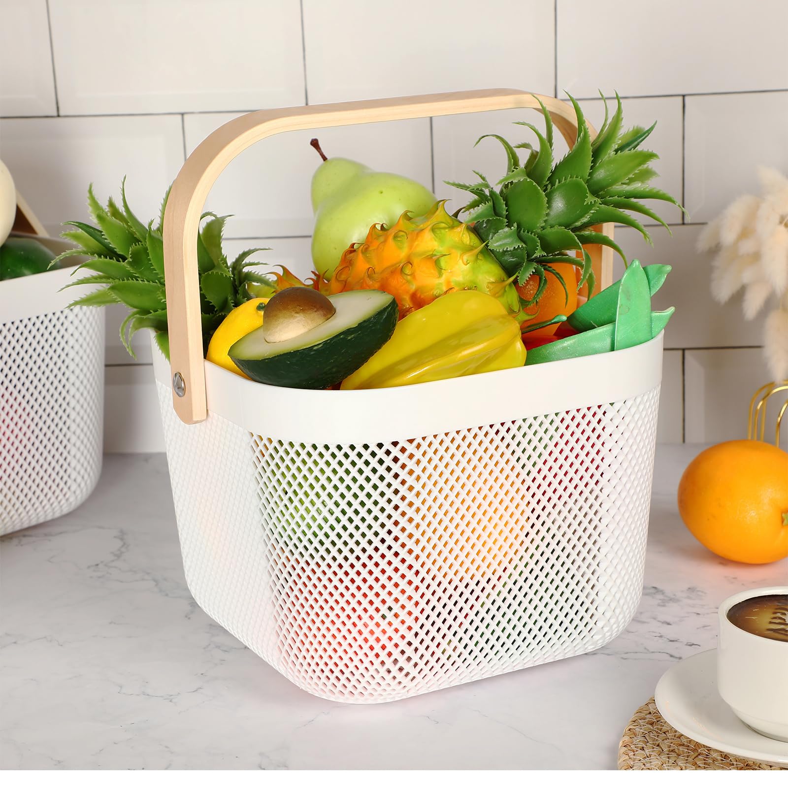 Roshtia 6 Pcs Plastic Mesh Storage Basket with Handle 9.8 x 10.2 x 7.1 Inch Garden Harvest Storage Basket Multi Functional Hanging Organizer for Kitchen Bathroom Picnic Cabinet Home(White)