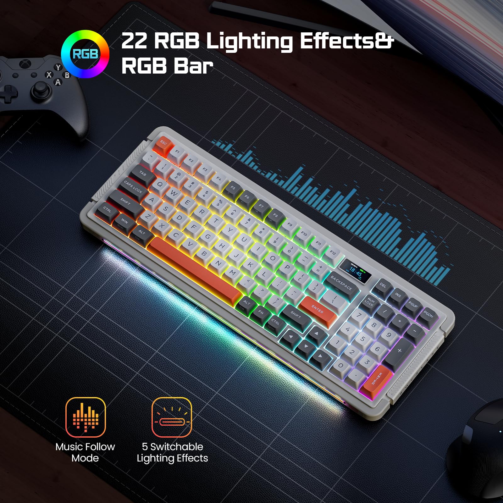 ROYALAXE L98 Wireless Mechanical Keyboard with 1.14” TFT LCD, Hot-swappable RGB Keyboard w/Gateron G Yellow Pro Switches, Bluetooth/2.4G/Wired, Gasket Mount, PBT Keycaps, Pebble White