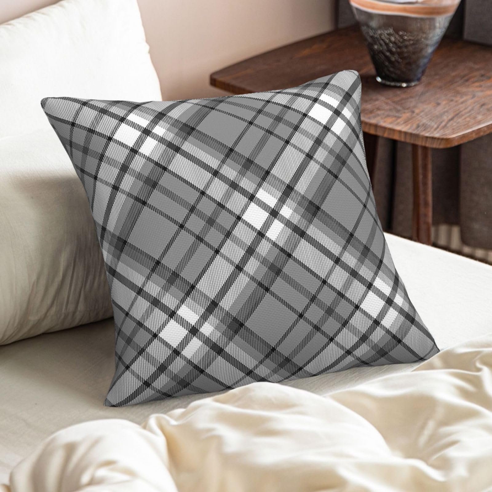 ChangQingArt Plaid Pillow Covers 16x16 Inch, Black and White Plaid Plaid Black Diagonal Fabric Green Scottish Double Sided Decorative Pillows Cases Throw Pillows Covers