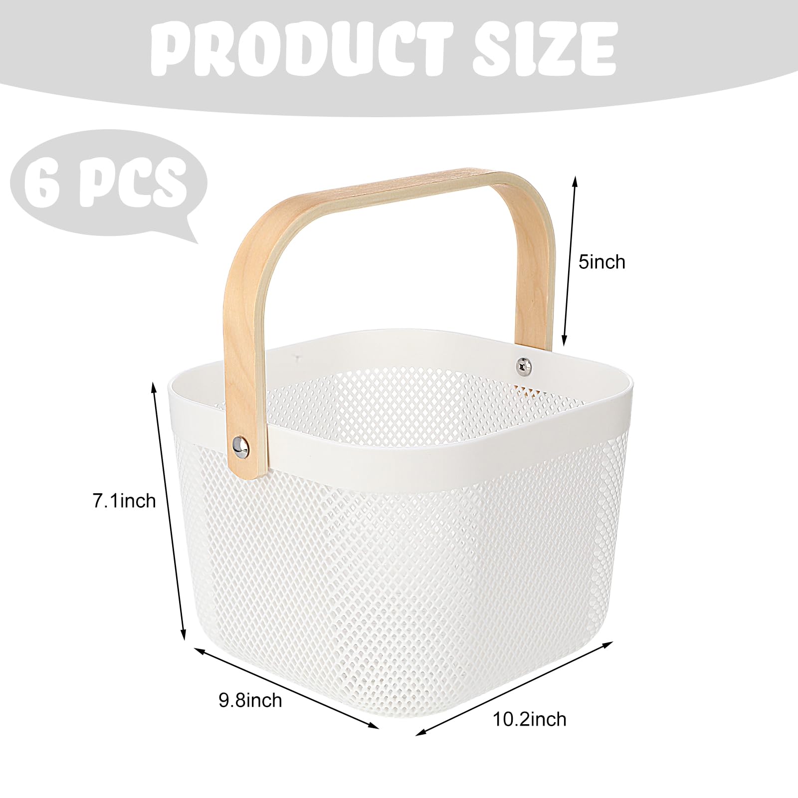 Roshtia 6 Pcs Plastic Mesh Storage Basket with Handle 9.8 x 10.2 x 7.1 Inch Garden Harvest Storage Basket Multi Functional Hanging Organizer for Kitchen Bathroom Picnic Cabinet Home(White)