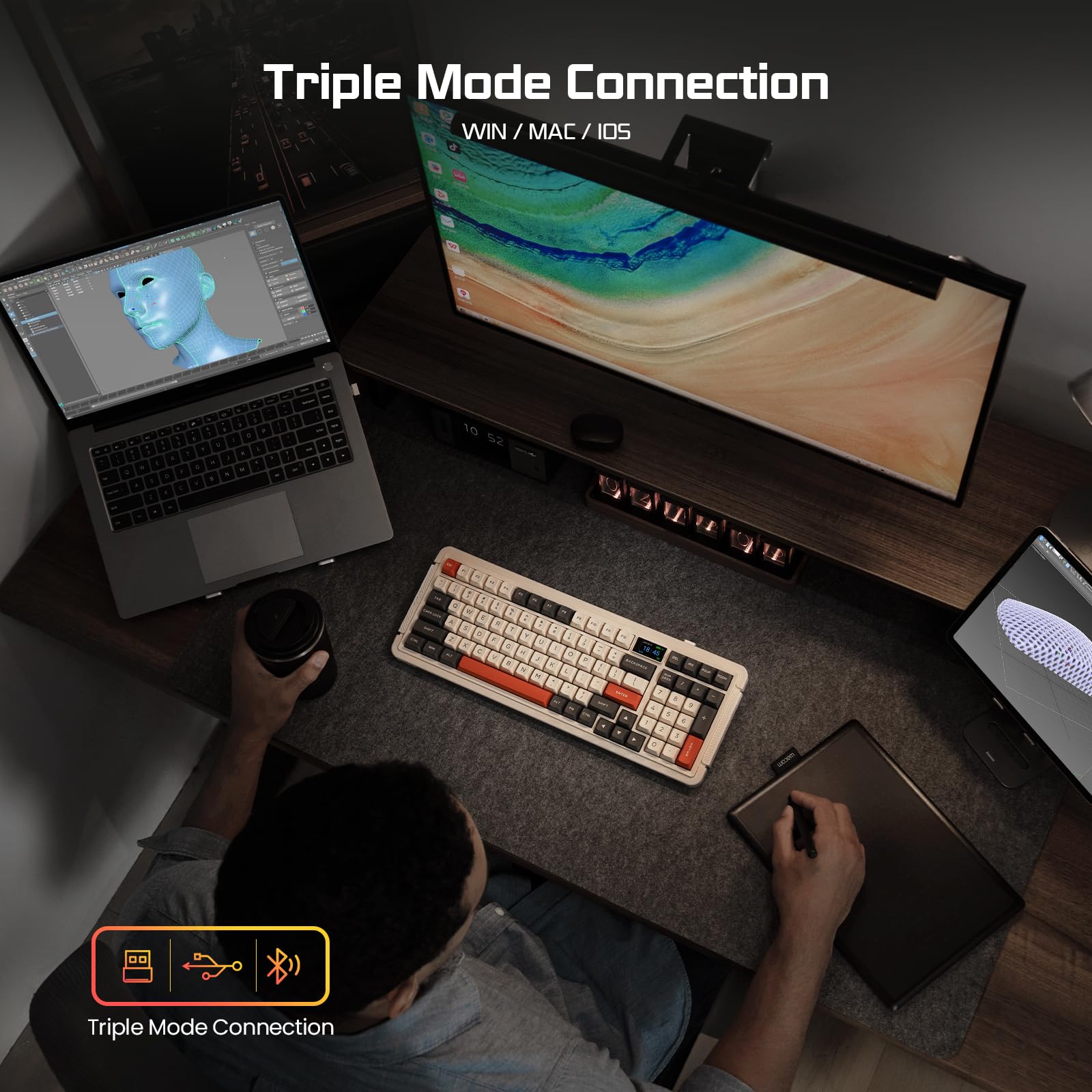 ROYALAXE L98 Wireless Mechanical Keyboard with 1.14” TFT LCD, Hot-swappable RGB Keyboard w/Gateron G Yellow Pro Switches, Bluetooth/2.4G/Wired, Gasket Mount, PBT Keycaps, Pebble White