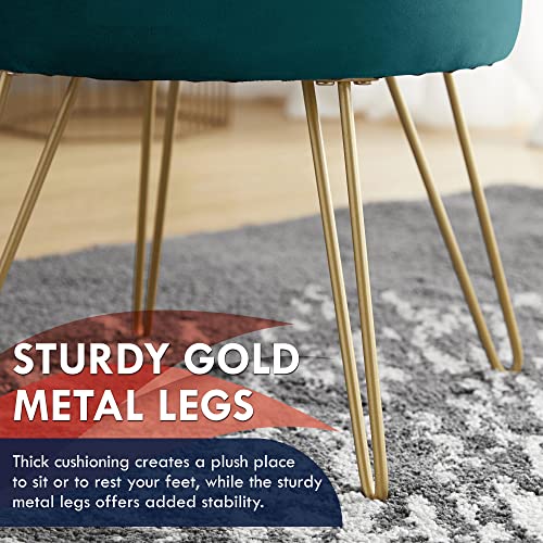 Ornavo Home Modern Round Velvet Storage Ottoman Foot Rest Vanity Stool/Seat with Gold Metal Legs & Tray Top Coffee Table - Teal
