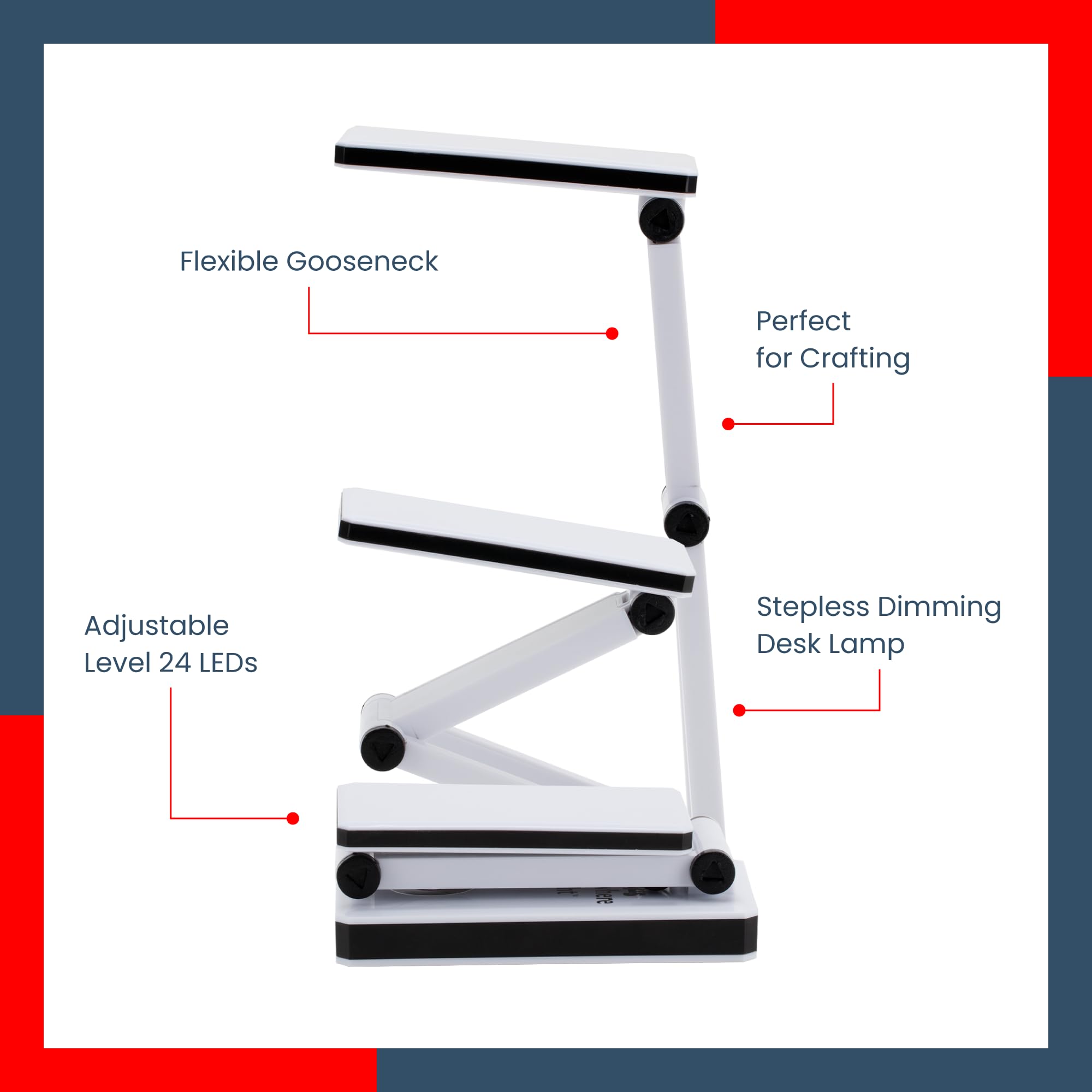Jerry's Everywhere Flexible Portable 24 LED Task Lamp, 3 Adjustable Dimmable Levels Includes AC/USB Power Supply (Optional AA Battery)