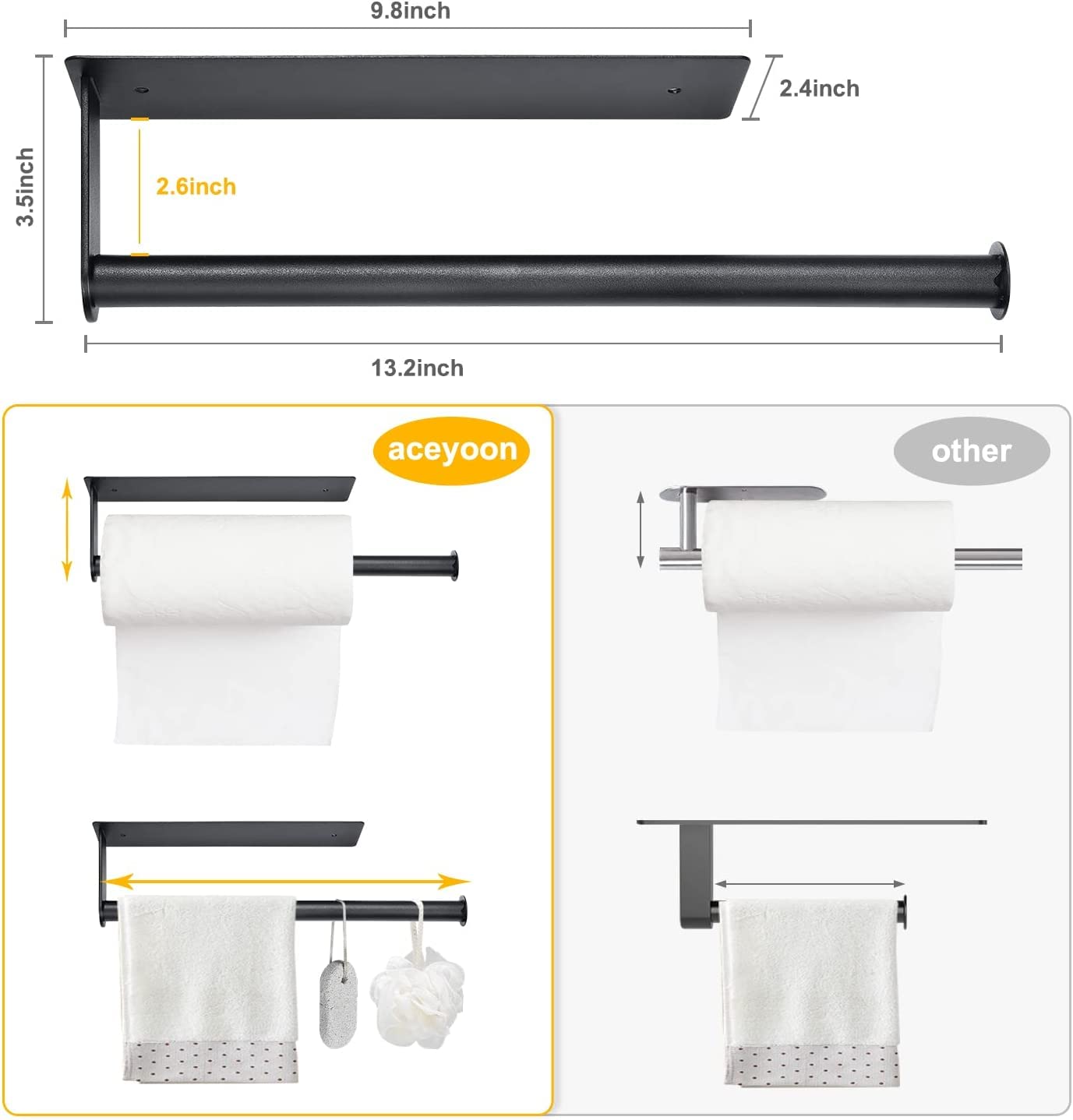 aceyoon Paper Towel Holder,Self Adhesive Magnetic Paper Towel Holder, 13inch Paper Towel Rack Wall Mount Under Cabinet with Screws,Paper Towel Bar for Kitchen Bathroom Pantry