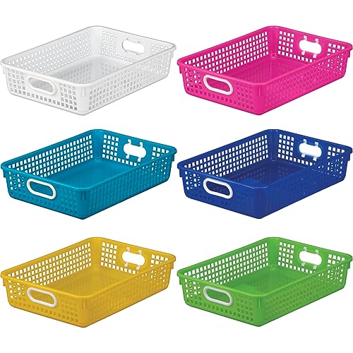 Really Good Stuff Plastic Desktop Paper Storage Baskets for Classroom or Home Use – 14”x10” Plastic Mesh Baskets Keep Papers Crease-Free and Secure – Blue Neon Basket With White Handles (1 Basket)
