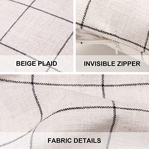 Basic Model Set of 2 Plaid Throw Pillow Covers Modern Farmhouse Decorative Square Linen Pillow Case for Sofa Couch Bed 20 x 20 Inch, Beige