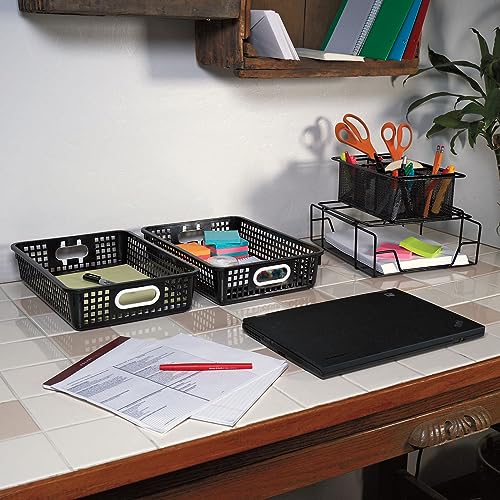 Really Good Stuff Plastic Desktop Paper Storage Baskets for Classroom or Home Use – 14”x10” Plastic Mesh Baskets Keep Papers Crease-Free and Secure – Blue Neon Basket With White Handles (1 Basket)