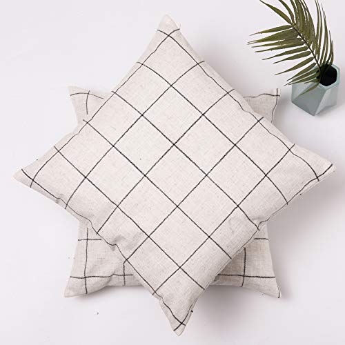 Basic Model Set of 2 Plaid Throw Pillow Covers Modern Farmhouse Decorative Square Linen Pillow Case for Sofa Couch Bed 20 x 20 Inch, Beige