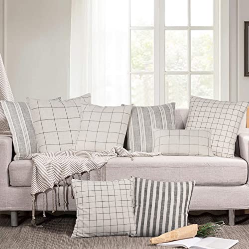 Basic Model Set of 2 Plaid Throw Pillow Covers Modern Farmhouse Decorative Square Linen Pillow Case for Sofa Couch Bed 20 x 20 Inch, Beige