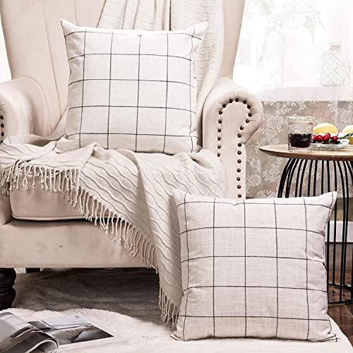 Basic Model Set of 2 Plaid Throw Pillow Covers Modern Farmhouse Decorative Square Linen Pillow Case for Sofa Couch Bed 20 x 20 Inch, Beige