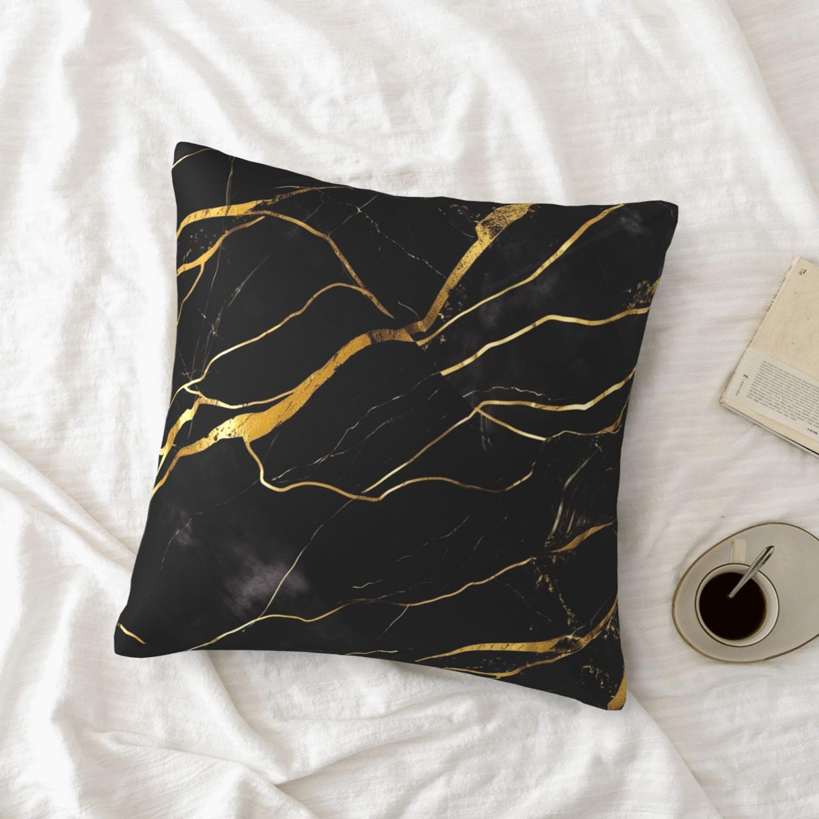 LZQPOEAS Decorative Throw Pillow Covers 22"x22" Square Pillow Covers for Sofa Black Gold Marble Texture Double Sided Throw Pillow Cases Soft Plush Decorative Cushion Cover for Living Room