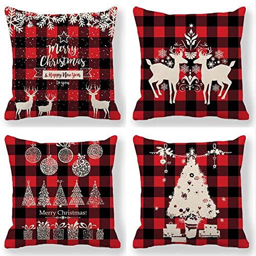 Scceatti Christmas Throw Pillow Covers 18x18 in Liene Square Farmhouse Pillow Cover with Zipper Plaid Textured Striped Boho Xmas New Pillowcases Protector for Couch Bed Living Room Decorations Gifts