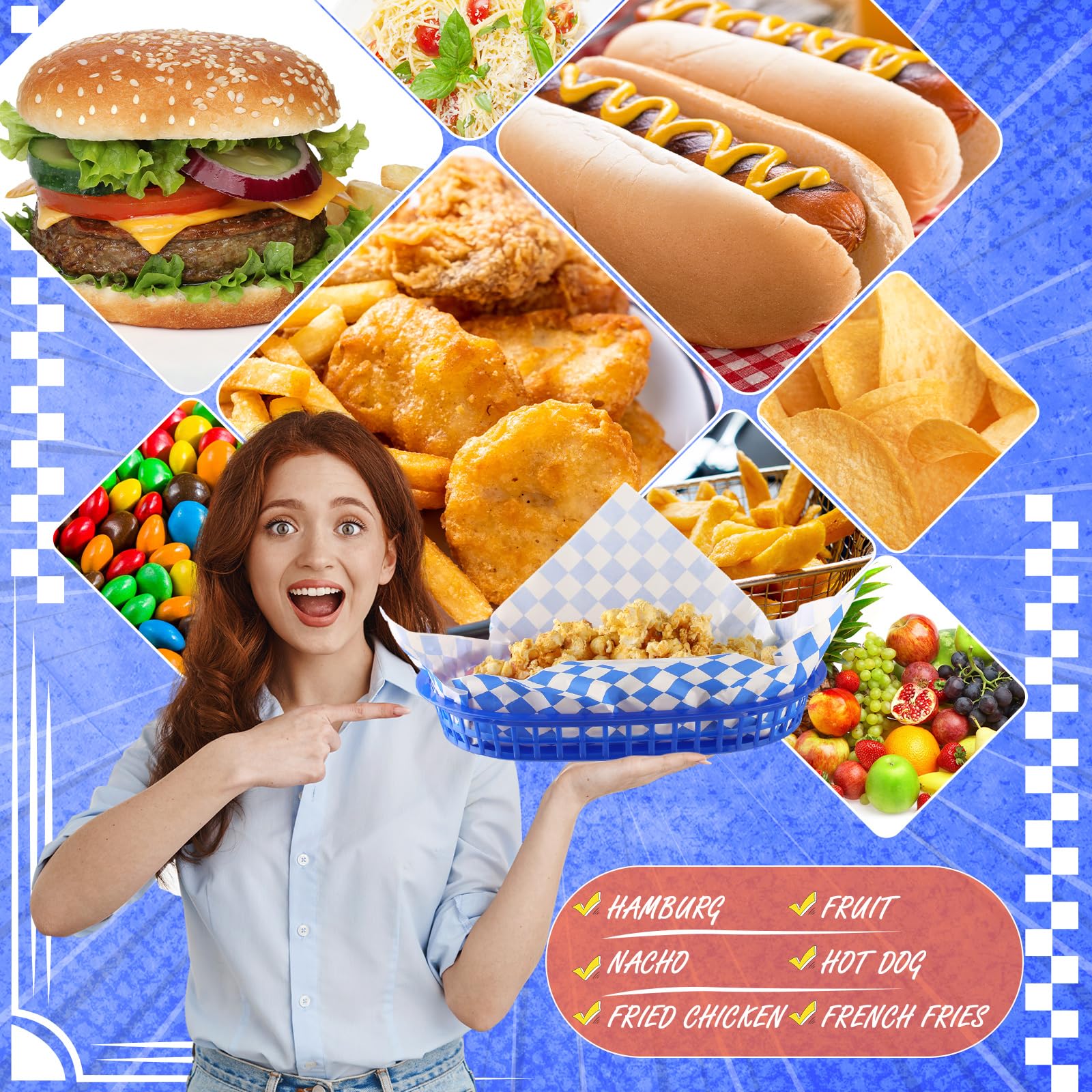 Uiifan 24 Pcs Fast Food Baskets with 100 Deli Liners Deli Food Baskets 10.5 x 7 Inch Serving Burger Chip Trays for Hot Dog Hamburger Bread Picnic(Blue)