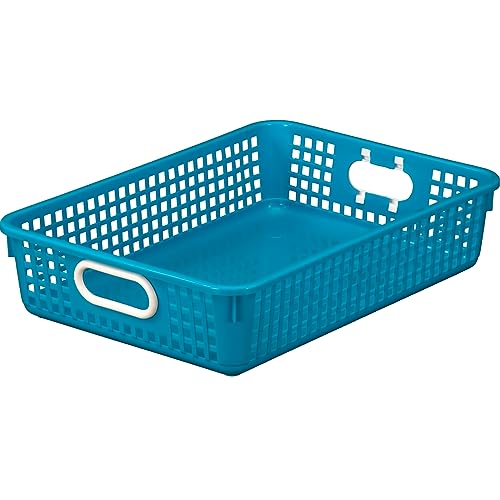 Really Good Stuff Plastic Desktop Paper Storage Baskets for Classroom or Home Use – 14”x10” Plastic Mesh Baskets Keep Papers Crease-Free and Secure – Blue Neon Basket With White Handles (1 Basket)