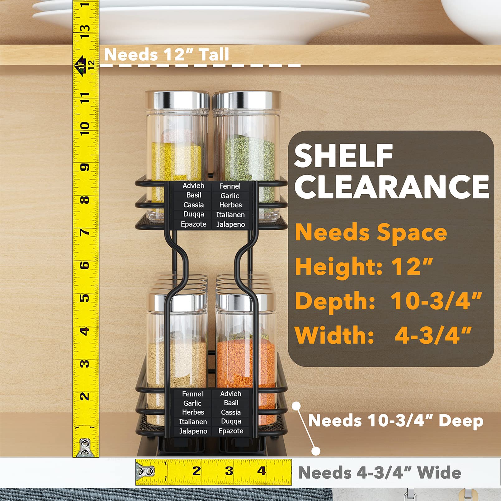 SpaceAid Pull Out Spice Rack Organizer for Cabinet, Heavy Duty Slide Out Seasoning Kitchen Organizer, Cabinet Organizer, with Labels and Chalk Marker, 4.5" W x10.75 D x8.5 H, 1 Drawer 2-Tier