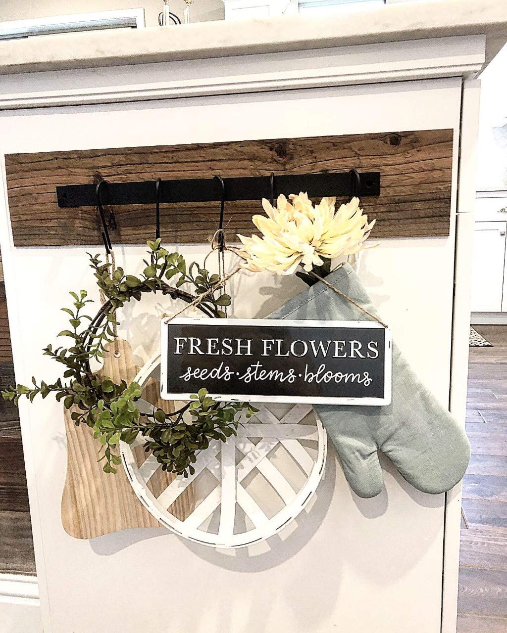 Wall-Mounted Utensil Rack Hanger β Black, 17" x 1" - Rustic Iron Kitchen Organizer with Ten 3.5" Hanging Hooks - Coffee Mug Rail - Pot and Pan Holder - Organizing Rod for Cookware - Claimed Corner