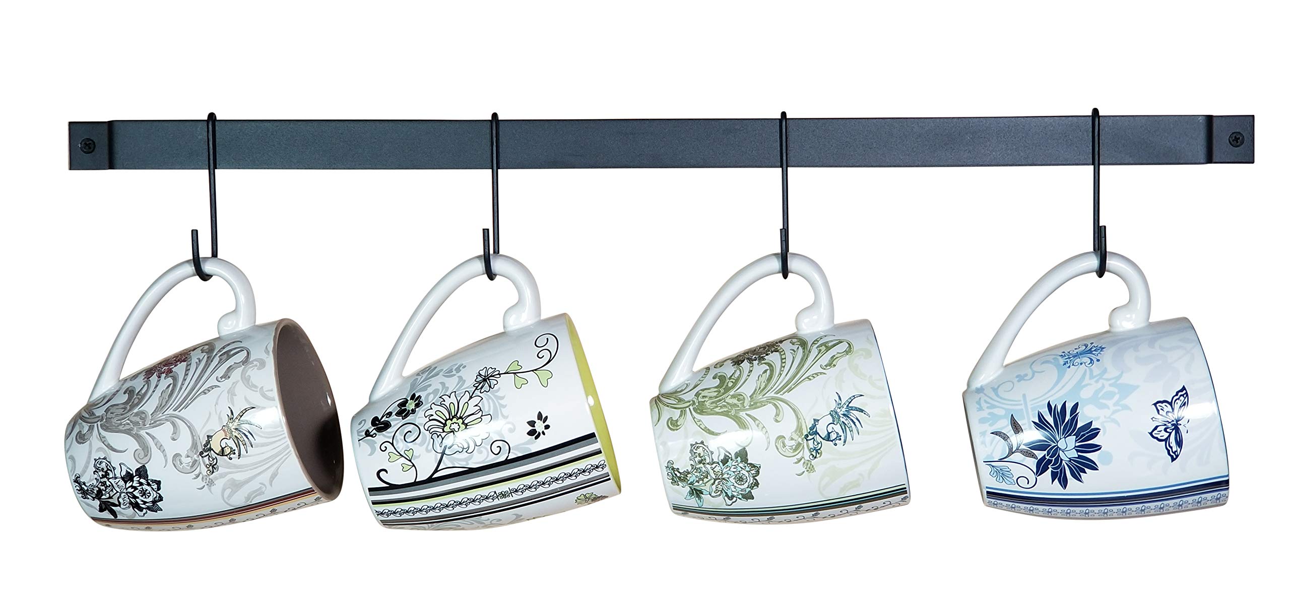 Wall-Mounted Utensil Rack Hanger β Black, 17" x 1" - Rustic Iron Kitchen Organizer with Ten 3.5" Hanging Hooks - Coffee Mug Rail - Pot and Pan Holder - Organizing Rod for Cookware - Claimed Corner