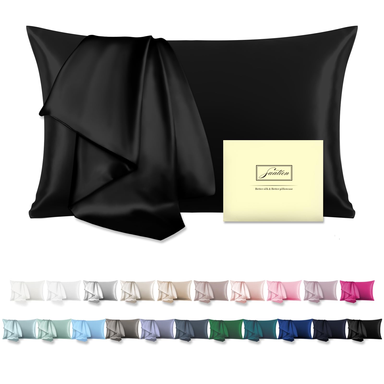 Natural Mulberry Silk Pillowcase with Hidden Zipper for Hair and Skin Standard Size 20"X 26" Soft Breathable Smooth Cooling Pillow Covers for Sleeping(Black,1Pcs)