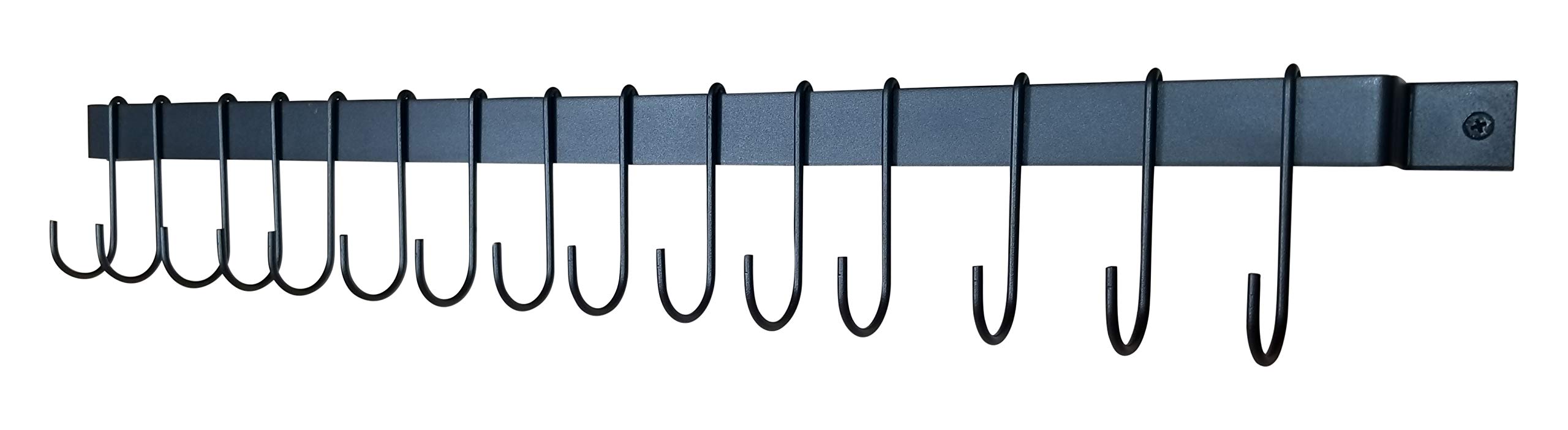 Wall-Mounted Utensil Rack Hanger β Black, 17" x 1" - Rustic Iron Kitchen Organizer with Ten 3.5" Hanging Hooks - Coffee Mug Rail - Pot and Pan Holder - Organizing Rod for Cookware - Claimed Corner