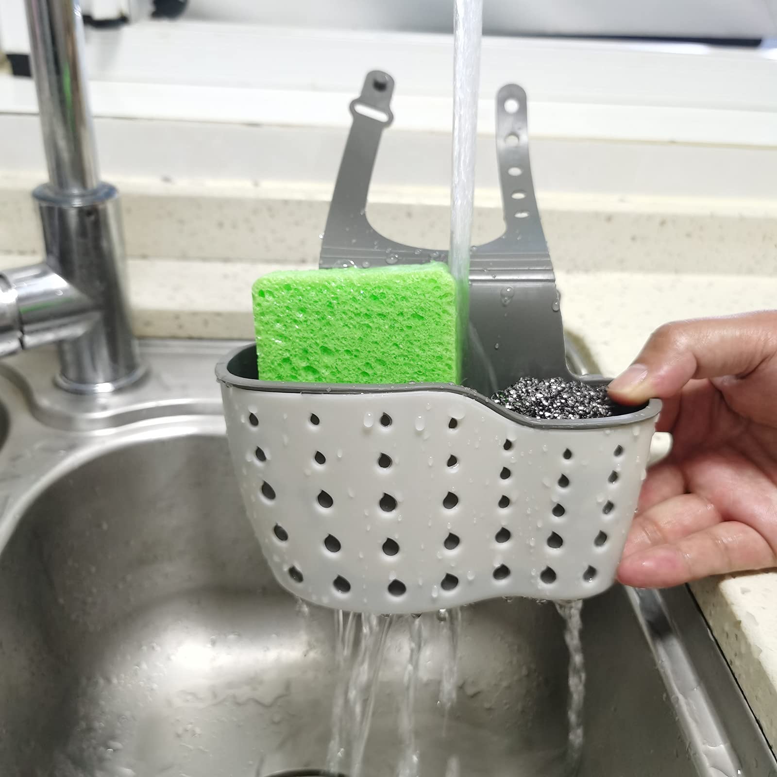 HCORRAN Kitchen Sink Caddy Sponge Holder,Hanging Kitchen Adjustable Strap Faucet Caddy(Beige 1pack)…