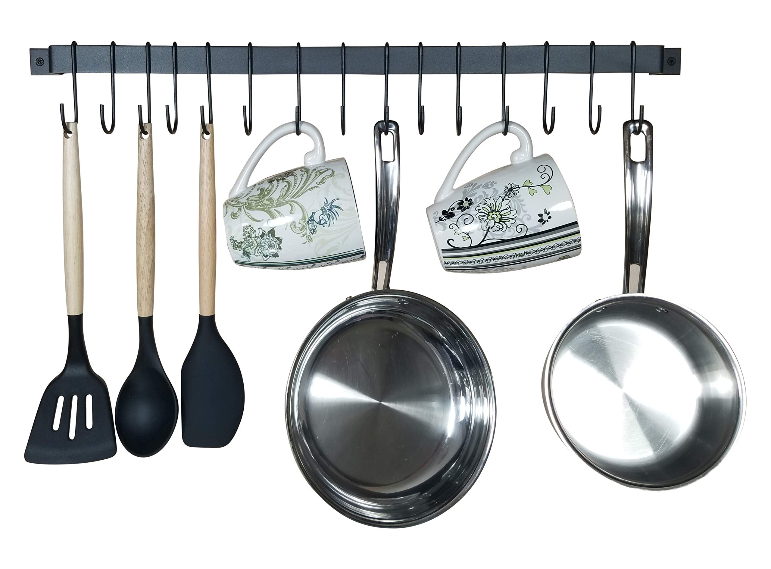 Wall-Mounted Utensil Rack Hanger β Black, 17" x 1" - Rustic Iron Kitchen Organizer with Ten 3.5" Hanging Hooks - Coffee Mug Rail - Pot and Pan Holder - Organizing Rod for Cookware - Claimed Corner