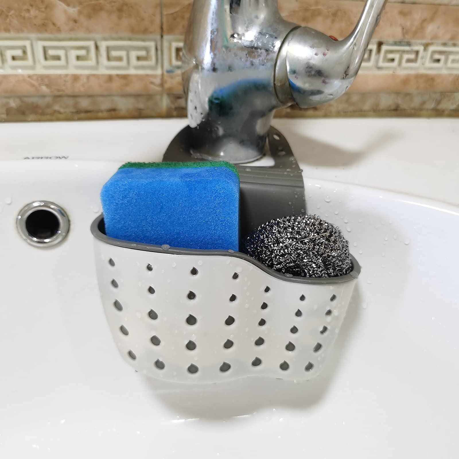 HCORRAN Kitchen Sink Caddy Sponge Holder,Hanging Kitchen Adjustable Strap Faucet Caddy(Beige 1pack)…