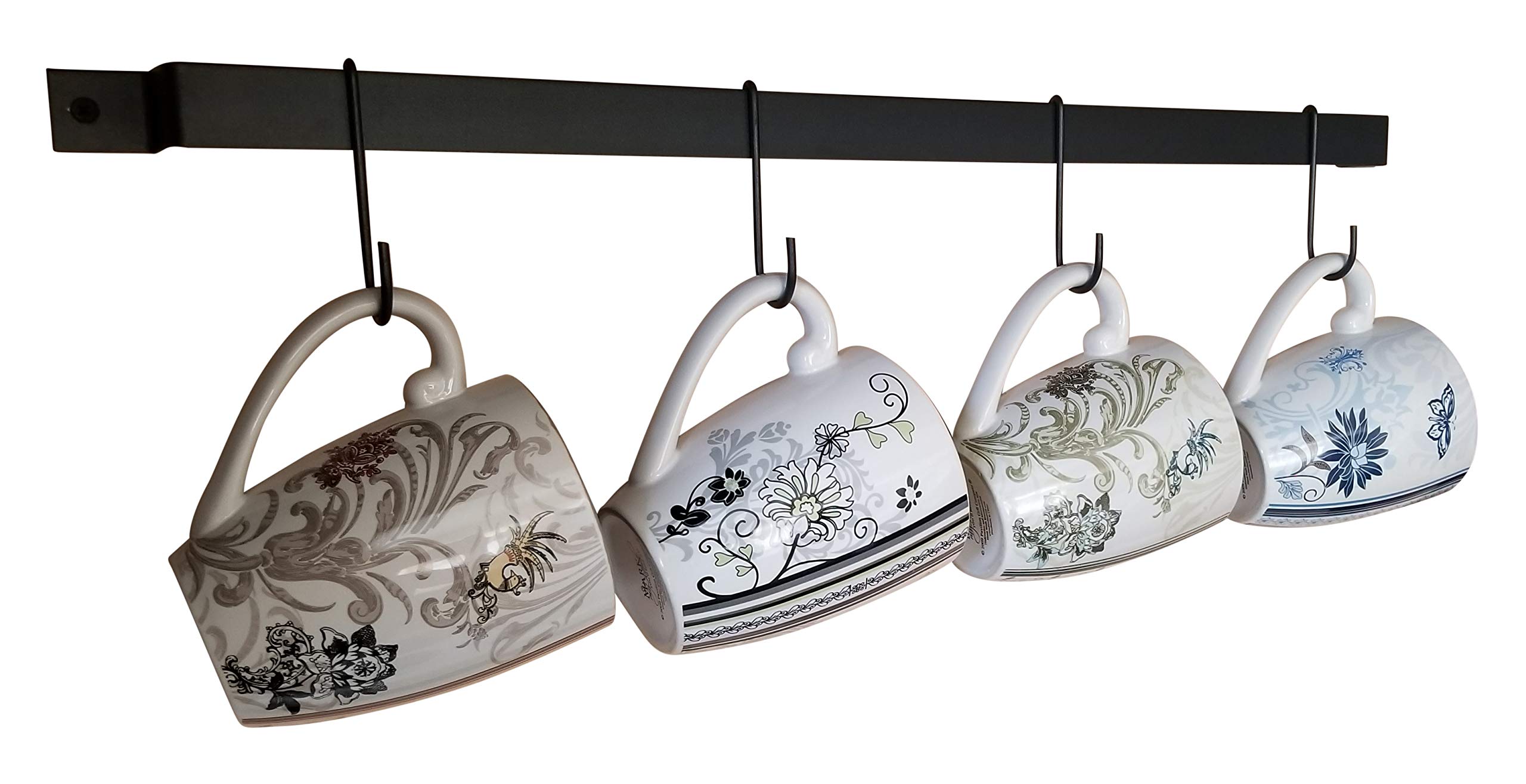 Wall-Mounted Utensil Rack Hanger β Black, 17" x 1" - Rustic Iron Kitchen Organizer with Ten 3.5" Hanging Hooks - Coffee Mug Rail - Pot and Pan Holder - Organizing Rod for Cookware - Claimed Corner