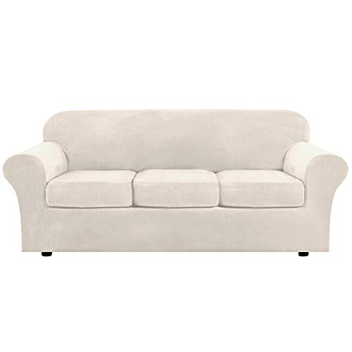 H.VERSAILTEX Modern Velvet Plush 4 Piece High Stretch Sofa Slipcover Sofa Cover Furniture Protector Form Fit Luxury Thick Velvet Sofa Cover for 3 Cushion Couch, Machine Washable (Sofa,Ivory)