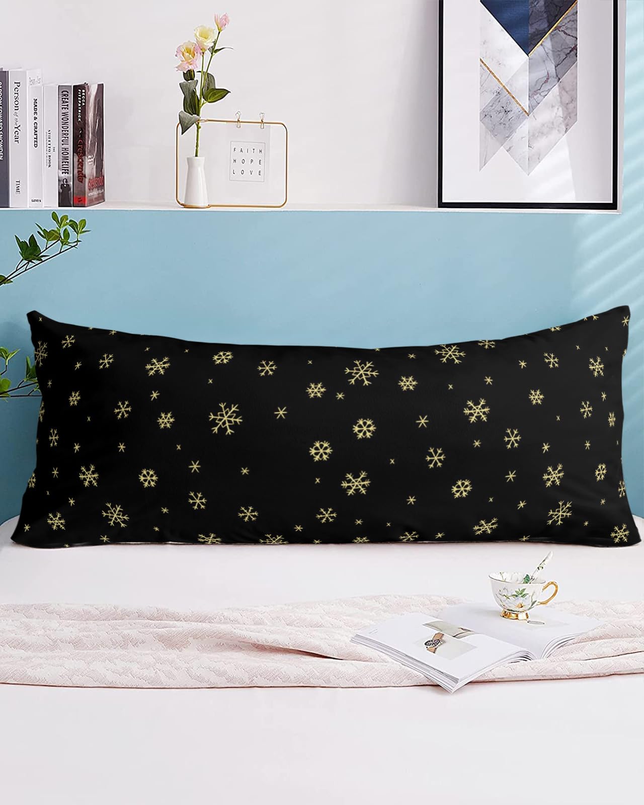 Edwiinsa Golden Snowflake Body Pillow Covers 20x54 Side Sleeper Pillow, Plush Soft Comfort for Hair/Skin Cooling Pillowcases with Envelop Closure Throw Covers Merry Christmas Winter Black