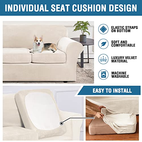 H.VERSAILTEX Modern Velvet Plush 4 Piece High Stretch Sofa Slipcover Sofa Cover Furniture Protector Form Fit Luxury Thick Velvet Sofa Cover for 3 Cushion Couch, Machine Washable (Sofa,Ivory)