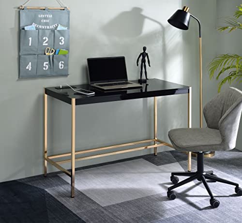 Knocbel 42in Contemporary Writing Desk with USB Port, Home Office Workstation Computer Desk Dressing Table wih Metal Base, High Gloss Finish (Black and Gold)