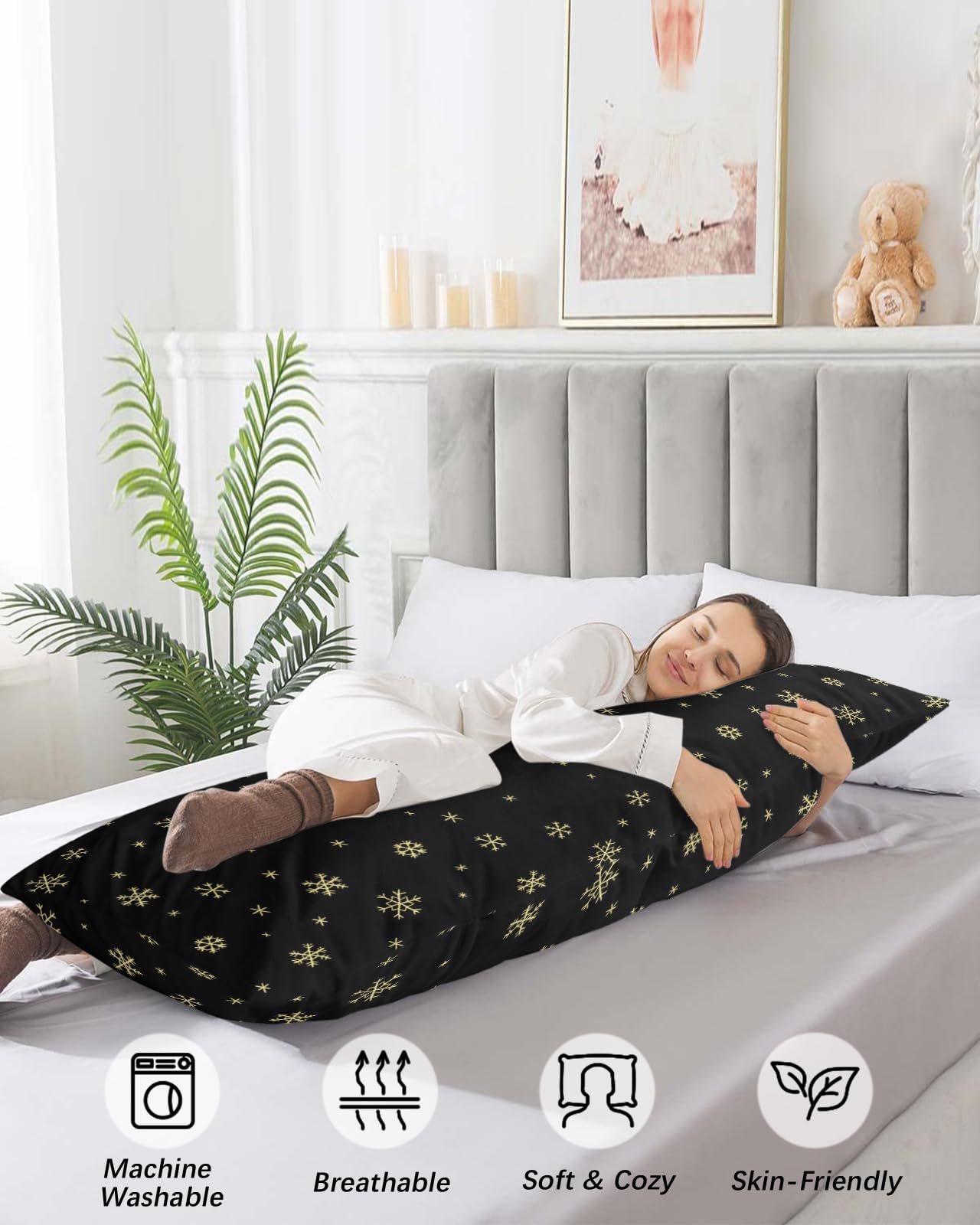 Edwiinsa Golden Snowflake Body Pillow Covers 20x54 Side Sleeper Pillow, Plush Soft Comfort for Hair/Skin Cooling Pillowcases with Envelop Closure Throw Covers Merry Christmas Winter Black