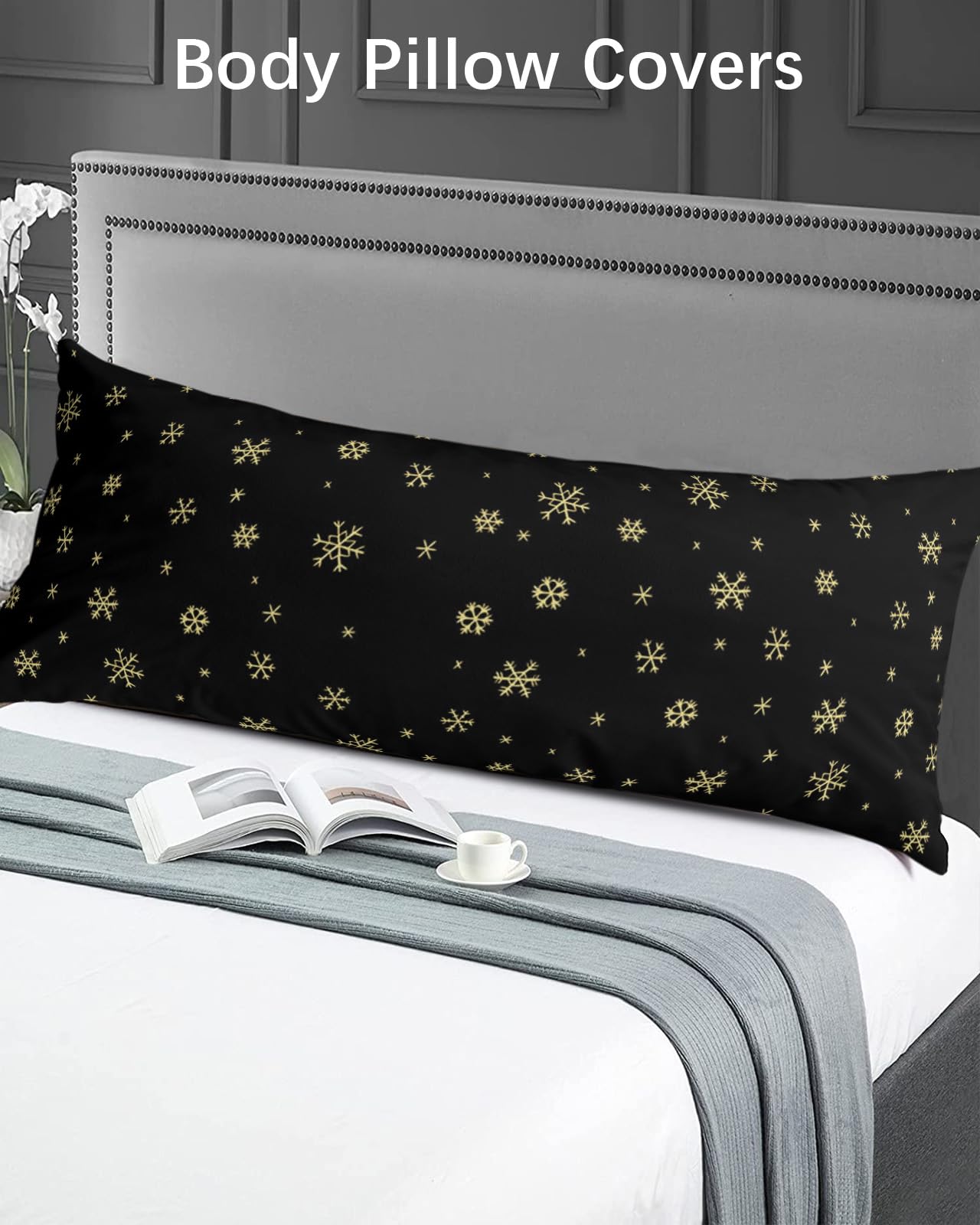 Edwiinsa Golden Snowflake Body Pillow Covers 20x54 Side Sleeper Pillow, Plush Soft Comfort for Hair/Skin Cooling Pillowcases with Envelop Closure Throw Covers Merry Christmas Winter Black