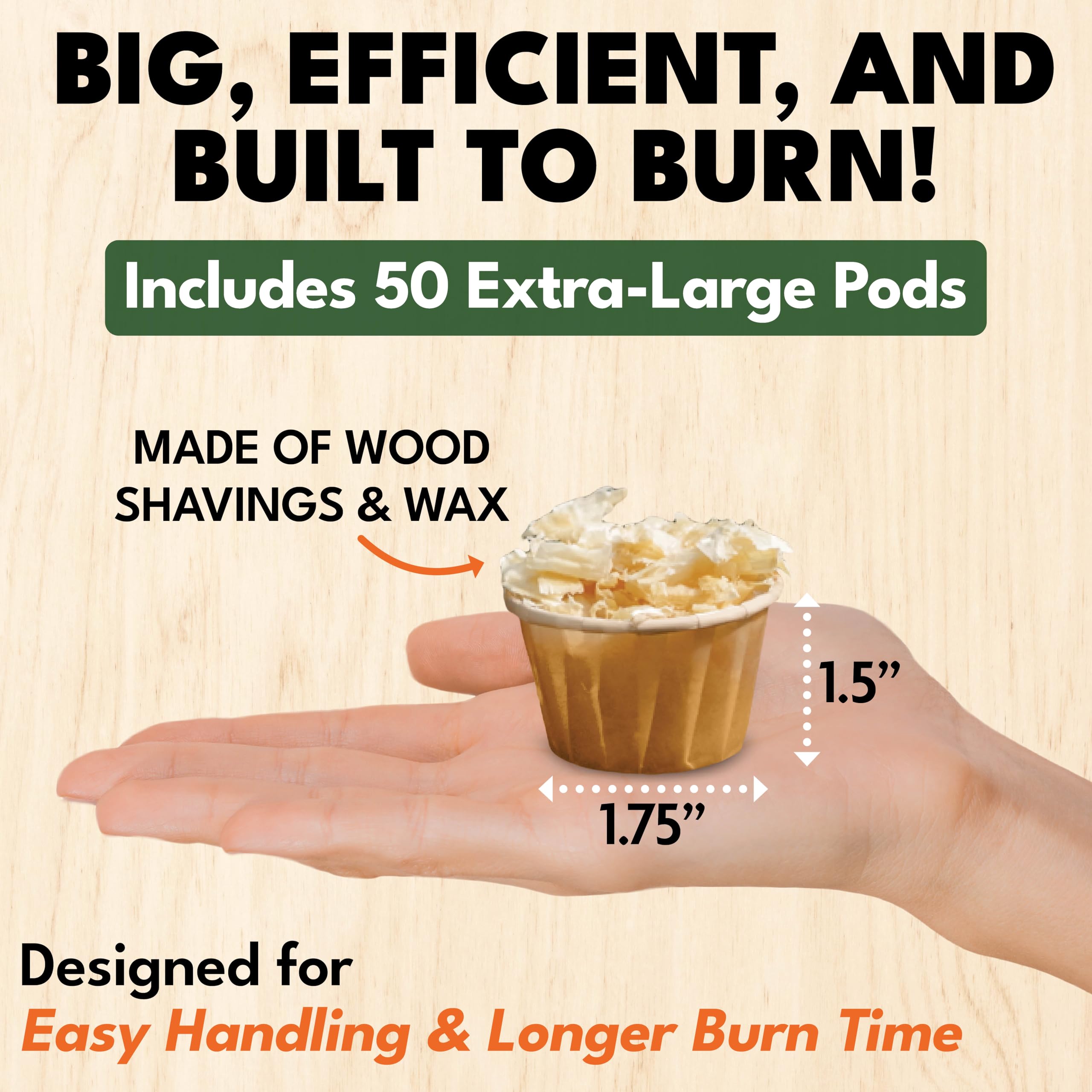 Superior Trading Co. All Natural Fire Starter 10-15 Minute Burn for BBQ, Campfire, Charcoal, Pit, Wood & Pellet Stove, 50 Extra Large Pods, Waterproof for Indoor/Outdoor Fire Starter, Brown