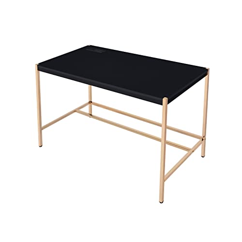Knocbel 42in Contemporary Writing Desk with USB Port, Home Office Workstation Computer Desk Dressing Table wih Metal Base, High Gloss Finish (Black and Gold)