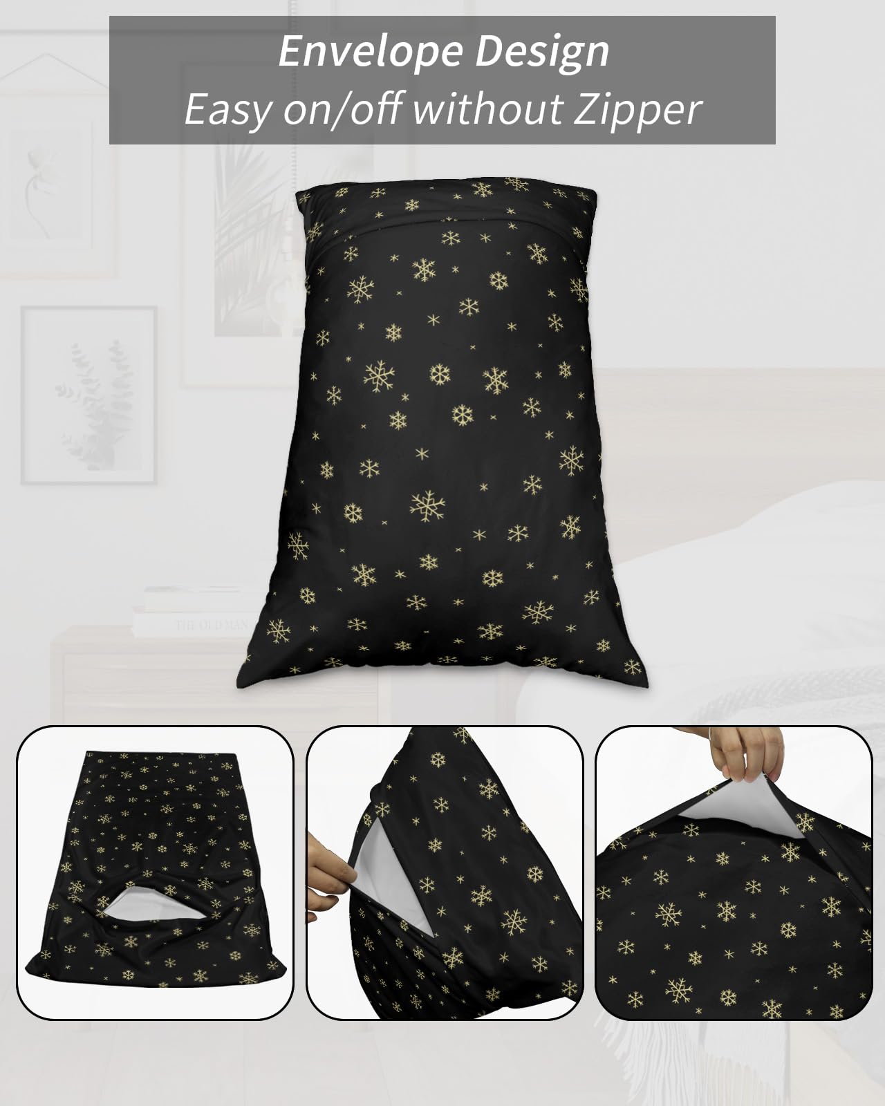 Edwiinsa Golden Snowflake Body Pillow Covers 20x54 Side Sleeper Pillow, Plush Soft Comfort for Hair/Skin Cooling Pillowcases with Envelop Closure Throw Covers Merry Christmas Winter Black