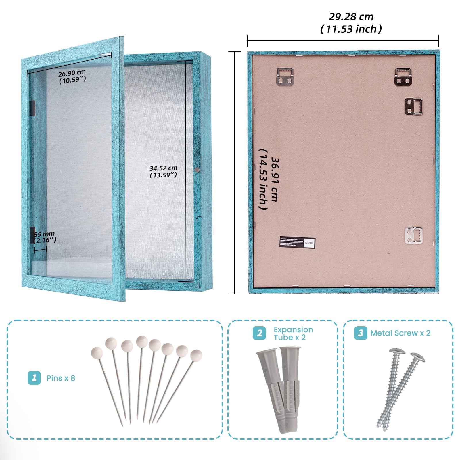 Muzilife 11x14 Shadow Box Picture Frame - 2.16" Interior Deep Wood & Glass Rectangle Display Case Ready to Hang Memory Box Baby Sports Memorabilia, Pins, Awards, Tickets, and Photos, Rustic Blue