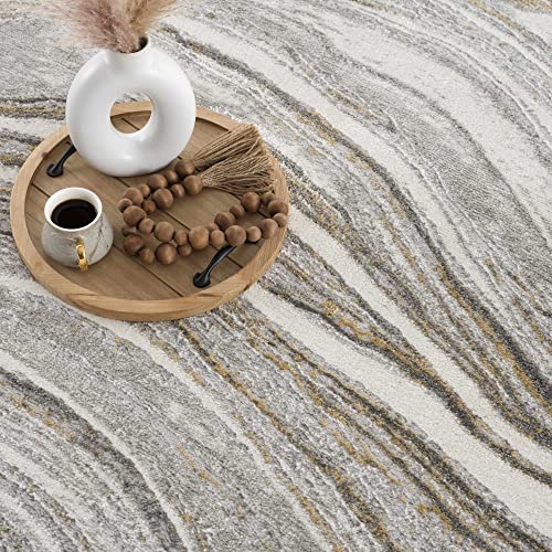 Hauteloom Liverpool Modern Abstract Bedroom Living Room Area Rug - Marble Swirl Pattern - Contemporary Bohemian Farmhouse - Light Grey, Dark Grey, Yellow - 5'3" x 7'