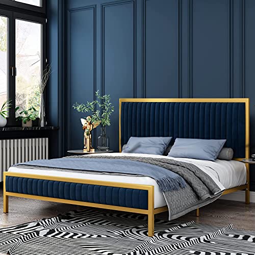 HIFIT Bed Frame Queen Size, Queen Bed Frame with Headboard, Heavy Duty Metal Foundation, Upholstered Bed Frame with Velvet Tufted Headboard, Wood Slat Support, No Box Spring Needed, Gold & Navy Blue