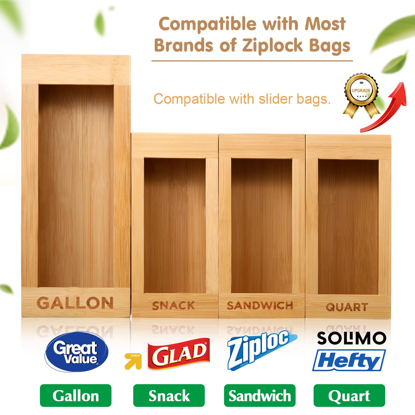 Lossey Ziplock Bag Organizer for Drawer, Food Storage Bags Organizer, Plastic Bag Organizer, Bamboo Reusable Baggies Dispenser Container for Gallon Quart Sandwich Snack Quart Slider Sizes
