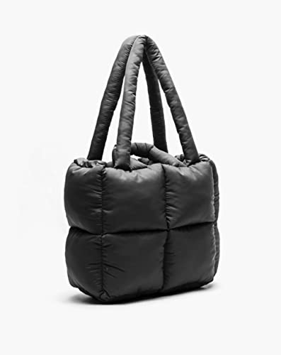 Women Padded Shoulder Bag Luxury Check Tote Bag Soft Pillow Handbag Quilted Puffy High Capacity Underarm (black)