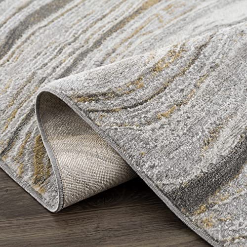 Hauteloom Liverpool Modern Abstract Bedroom Living Room Area Rug - Marble Swirl Pattern - Contemporary Bohemian Farmhouse - Light Grey, Dark Grey, Yellow - 5'3" x 7'