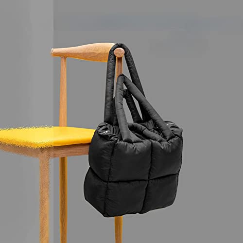 Women Padded Shoulder Bag Luxury Check Tote Bag Soft Pillow Handbag Quilted Puffy High Capacity Underarm (black)