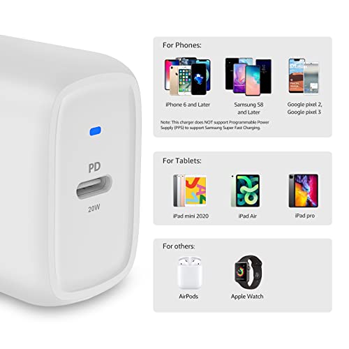 Amazon Basics 20W One-Port USB-C Wall Charger with Power Delivery PD for Tablets & Phones (iPhone 14/13/12/11/X, iPad, Samsung)-White (non-PPS)